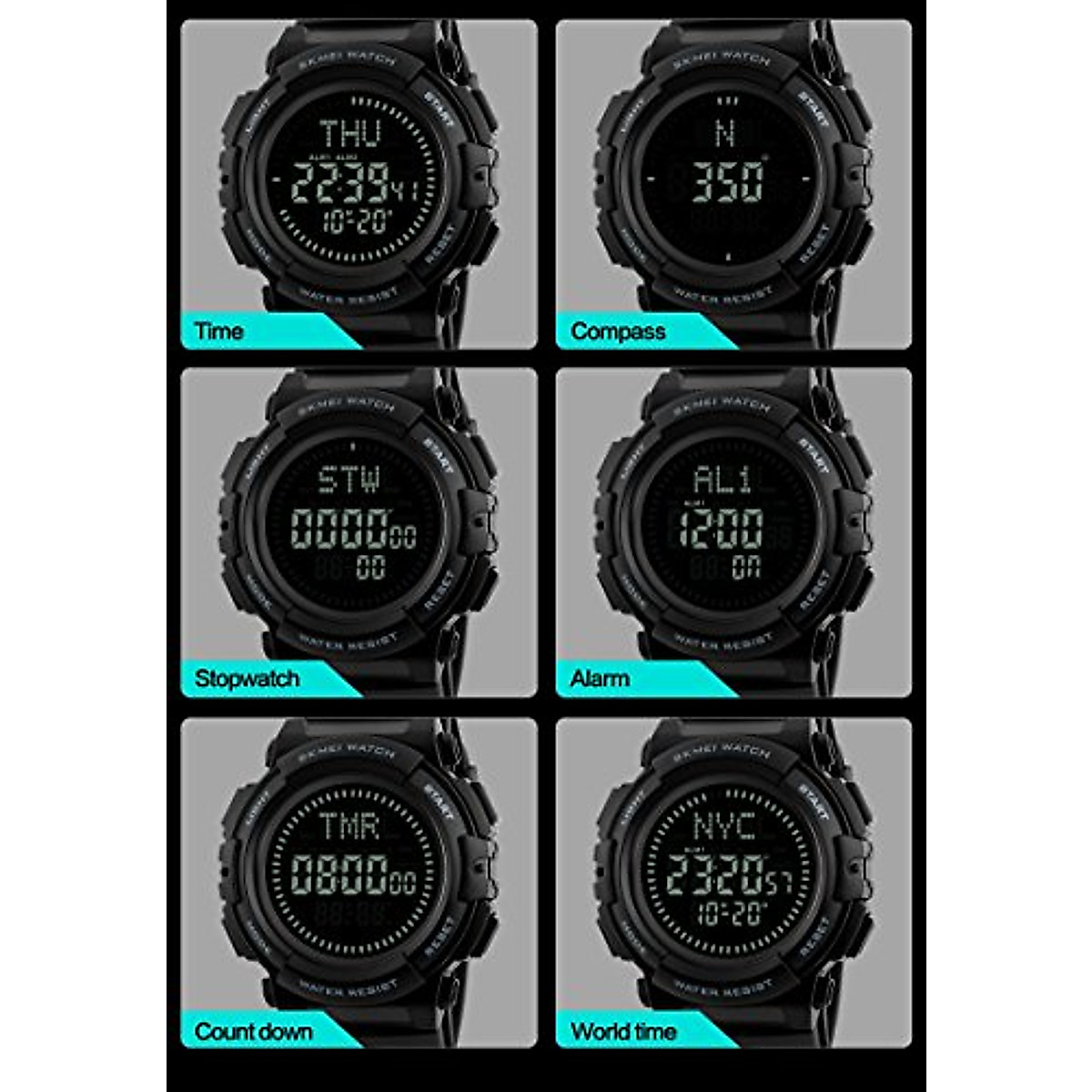 Men’s Military Sports Digital Watch with Survival Compass 50M Waterproof Countdown 3 Alarm Stopwatch (Black) (Black) (Black)