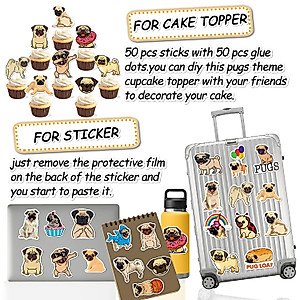 50 Pieces Pug Cupcake Toppers Pet Pugs Dog Cake Decoration Cute Pet Dog Pug Themed Stickers (2 in 1) Kids Boy Girl Happy Birthday Party Supplies