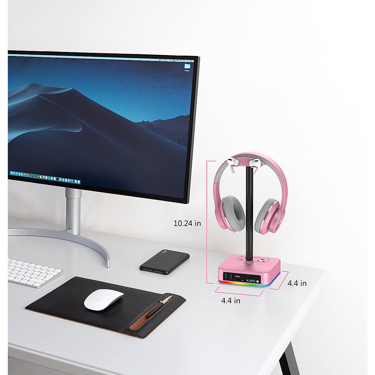 KAFRI RGB Headphone Stand with USB Charger Desk Gaming Headset Holder Hanger Rack with 3 USB Charging Port and 2 Outlet - Suitable for Gamer Desktop Table Game Earphone Accessories Girlfriend Gift