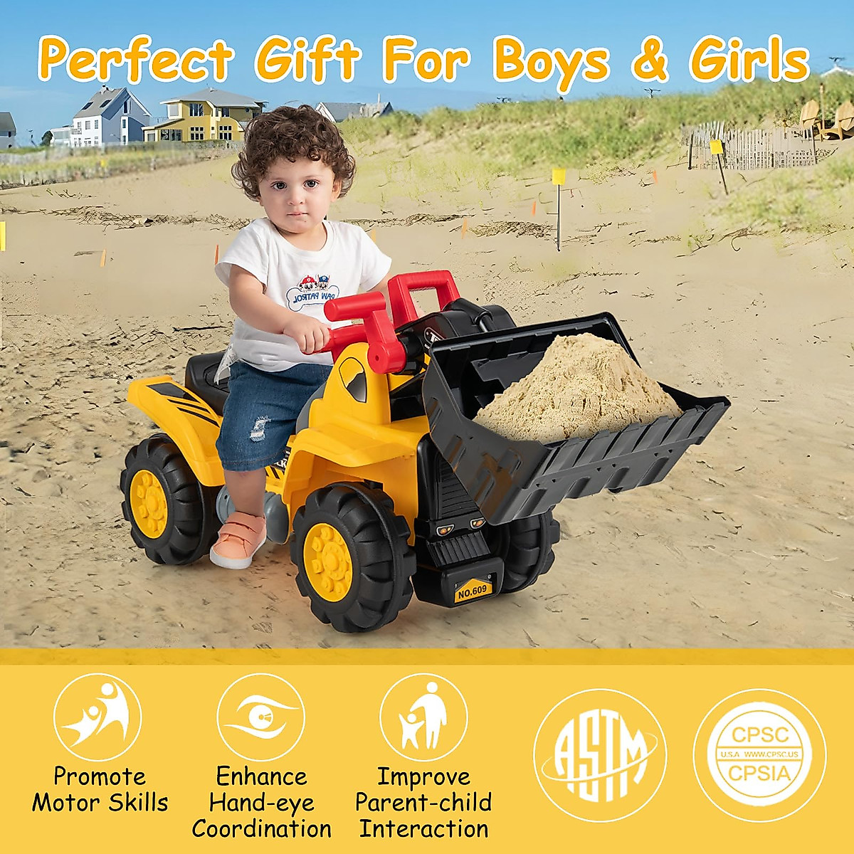 Costzon Ride on Excavator, Ride on Construction Vehicles w/Helmet, 3 Toy Stones, Realistic Sound, Adjustable Bucket & Under Seat Storage, Bulldozer Ride on Toy Gift for Kids Boys & Girls
