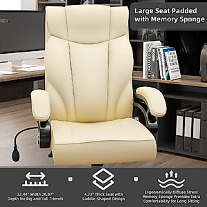 500LBS High Back Executive Chair - Ergonomic Big and Tall Office Chair with Metal Base & Arms, Leather Lumbar Support, Reclining Comfort Chair (White)