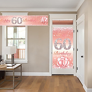 Happy 60th Birthday Door Cover Porch Long Banner Sign Set 60 Years Old Birthday Decoraions Party Supplies for Women Rose Gold