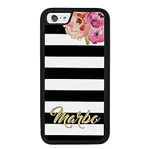 Golden Gold Personalized Flowers Black White Apple iPhone Black Rubber Phone Case Compatible with iPhone 14 Pro Max, Pro, Max, iPhone 13 Pro Max Mini, 12 Pro Max Mini, 11 Pro Max X XS Max XR 8 7 Plus