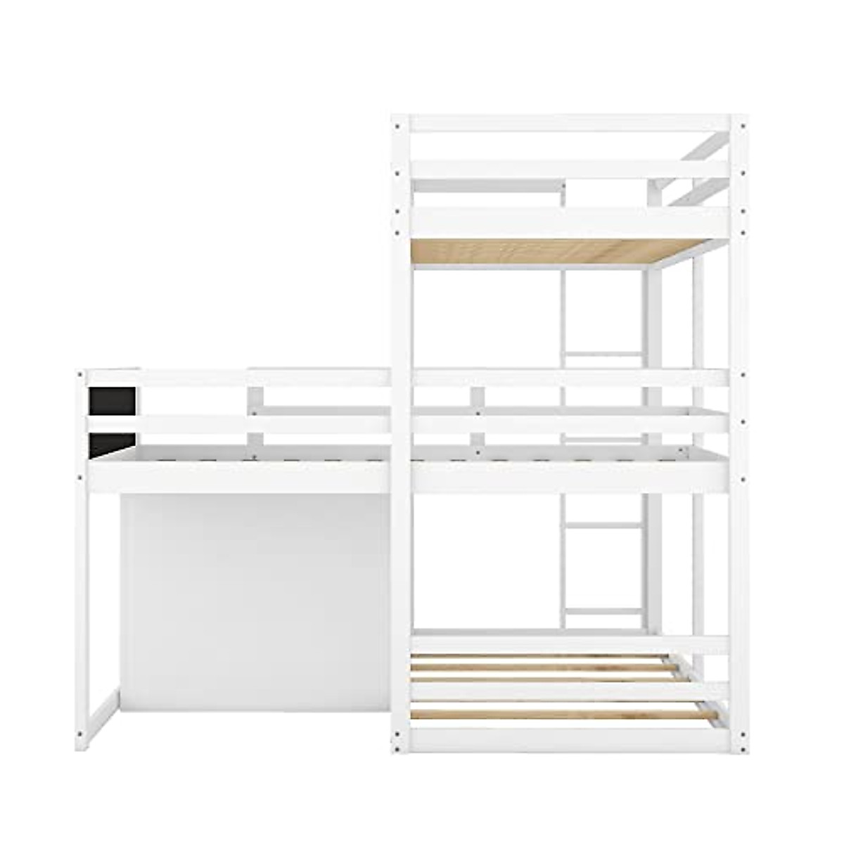 WOXYX L-Shaped Wood Triple Twin Size Bunk Bed with Storage Cabinet and Blackboard, Ladder,White
