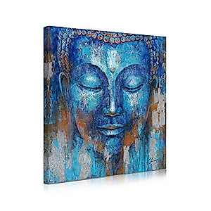 Buddha Wall Art Canvas Painting Indigo Blue Gautama Head Picture Zen Meditation Buddhism Statue Decor for bathroom Framed Easy to Hang (14"x14"x1 Panel)