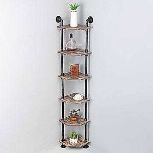 MBQQ Industrial Pipe Shelves Modern/Rustic Corner Book Shelves with Real Wood,Corner 6-Tier Bookshelf Display Stand,Metal Standing Home Decor Shelf Units