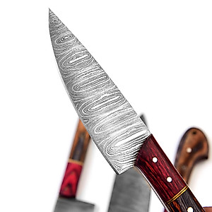 LEONA CRAFT® Custom Handmade Damascus Steel Chef Set Kitchen Knives with Leather Pouch 5 PCS Poplar Home Professional Knife Without Block Cool Blade Wood Handle Utensils Tops Tools Paring Knifes (010)