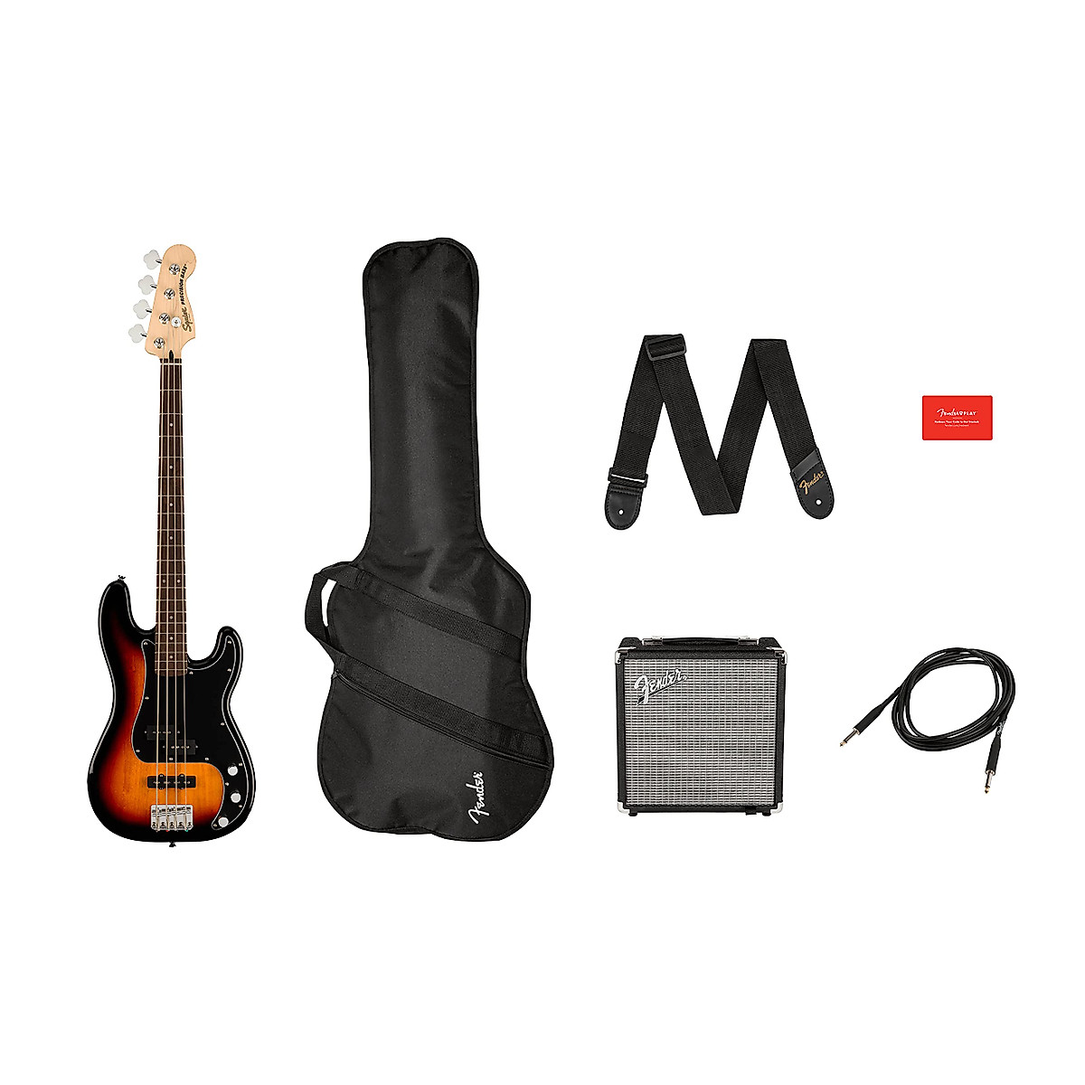 Fender Squier Affinity Precision Bass PJ - 3-Color Sunburst Bundle with Rumble 15 Amplifier, Instrument Cable, Gig Bag, Tuner, Strap, and Austin Bazaar Instructional DVD