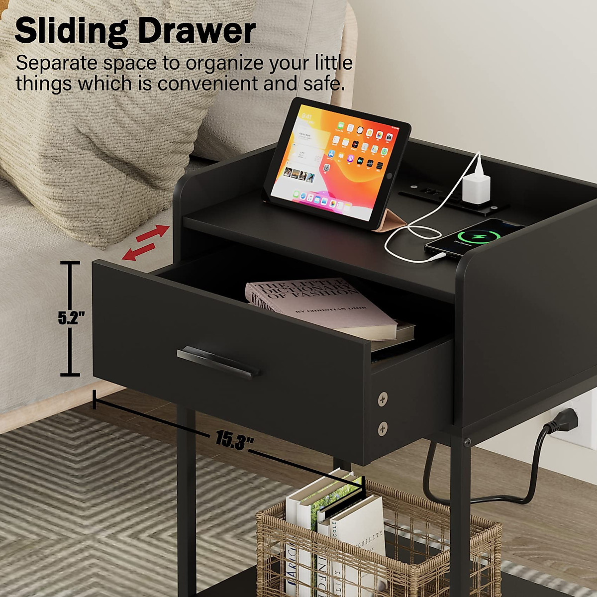 Masupu Nightstand with Charging Station,3-Tier Modern Bedside Night Stand with Storage Drawer and Shelf,Small End Side Table for Bedroom,Living Room,Black