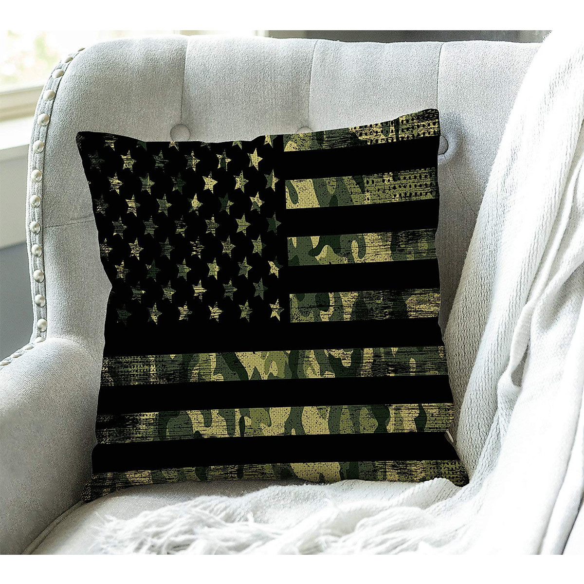 Swono Throw Pillow Case American Flag with Camouflage Cotton Linen Square Cushion Cover Standard Pillowcase for Men Women Home Decorative Sofa Armchair Bedroom Livingroom 18 x 18 inch