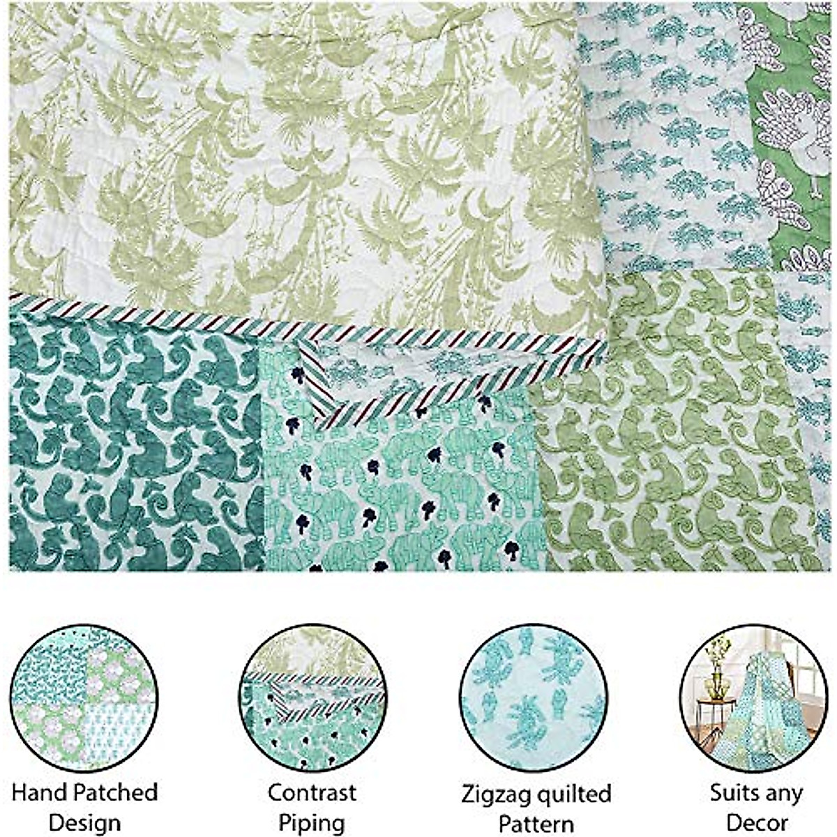 Quilted Decorative Patchwork Throw Blanket Multi Color Super Soft 100% Cotton Warm Indian Vintage Quilt for Sofa and Couch 50 x 60 Inches