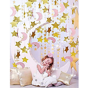 Moon and Star Garland Twinkle Twinkle Little Star of 2pcs Pink Gold Princess Birthday Party Decorations Pink Gold Moon Star Baby Shower Decorations 1st Birthday Garland Love You to the Moon and Back