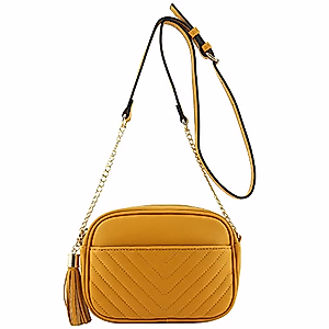 FashionPuzzle Chevron Quilted Crossbody Camera Bag with Chain Strap and Tassel (Mustard) One Size
