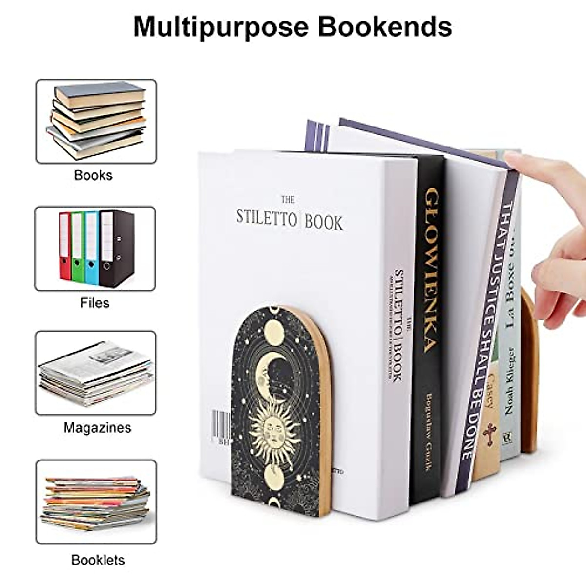 NFGSE Book Ends, Mystical Sun Face Moon Crescent Magic 2 Pcs 5 X 3 Inch Modern Home Decorative Bookends for Shelves, Fashion Design Wood Book Stopper for Heavy Books Office School Home Kitchen Planets