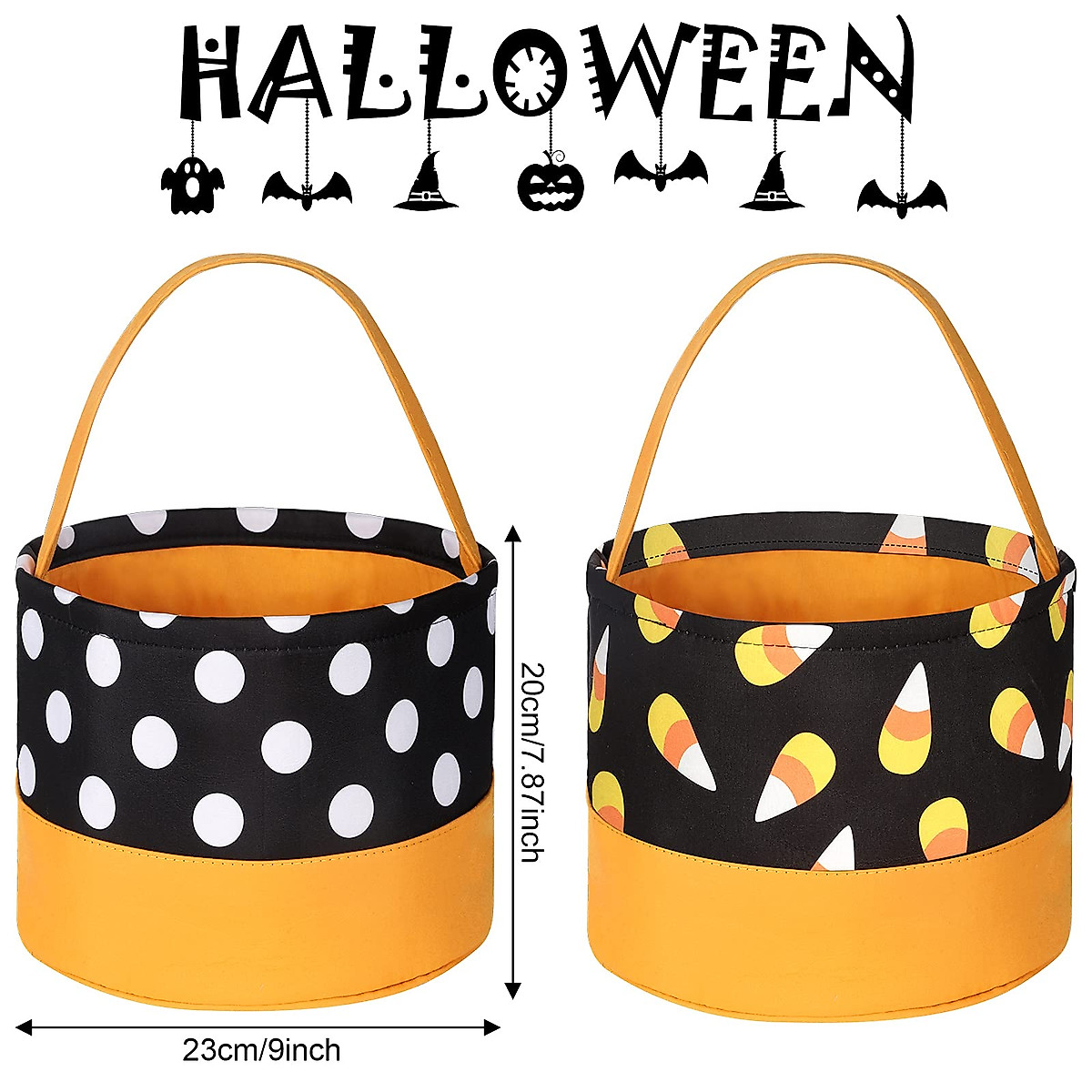 2 Pieces Trick or Treat Bags Halloween Candy Buckets Fabric Candy Tote Bags for Halloween Supplies, 2 Styles (Corn and Dot)