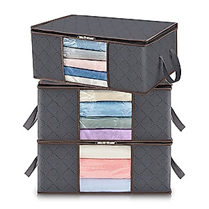 Lifewit Clothes Storage Bag Foldable Storage Bin Closet Organizer with Reinforced Handle Sturdy Fabric Clear Window for Sweaters, Coats, T-shirts, Blankets, 3 Pack, Grey