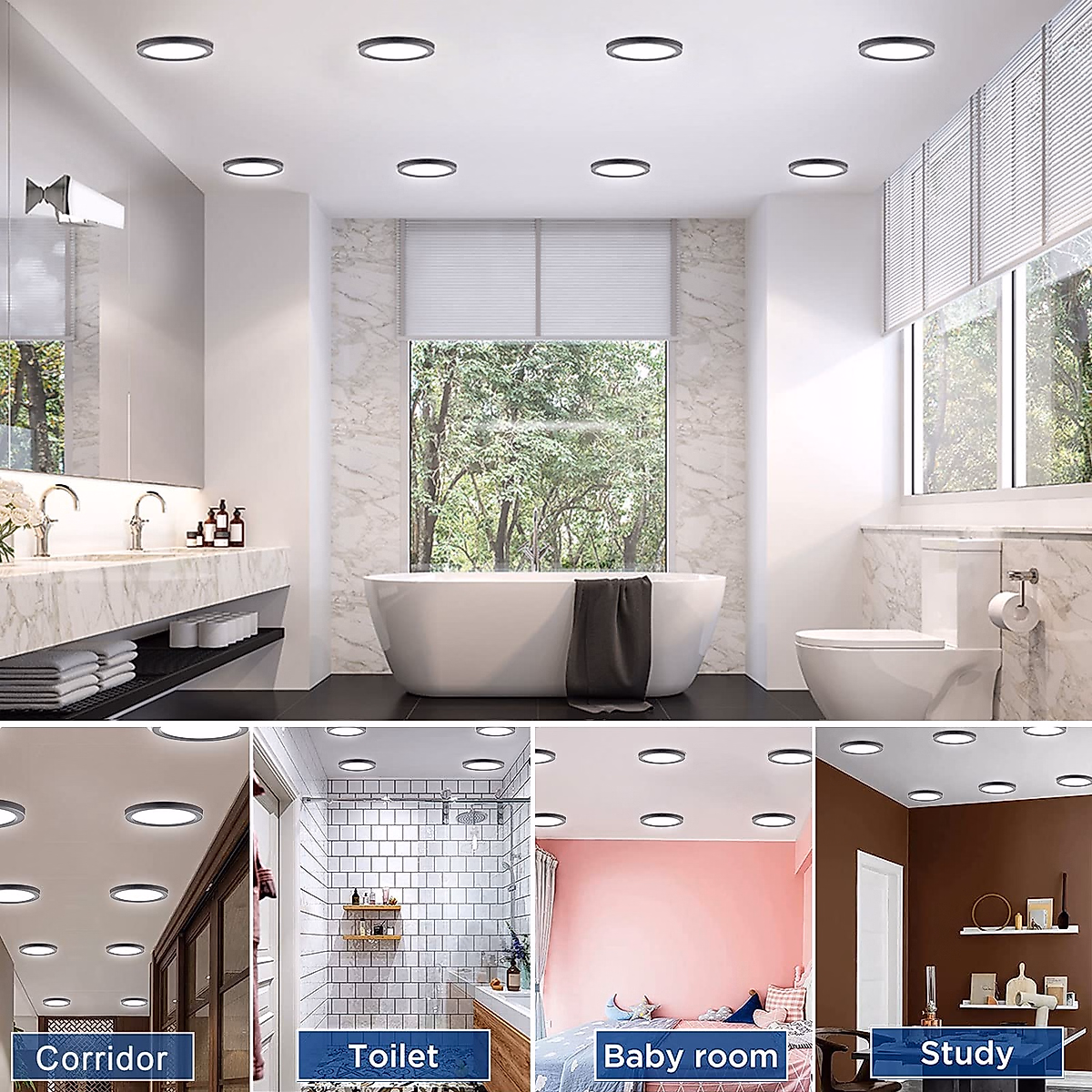 NOVELUX 7 inch Flush Mount LED Ceiling Light Ultra Slim 0.63'' Thick Round Flat Ceiling Lamps Dimmable 5000K Daylight LED Ceiling Lights for Kitchen,Bathroom,Basement ETL Listed 8 Pack(Black)