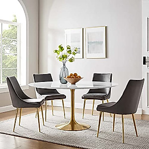 Modway Lippa 60" Mid-Century Modern Dining Table with Round White Top and Pedestal Base in Gold White
