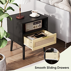 Smuxee Black Rattan Nightstand with Drawer, Boho Large Bedside Table with Open Shelf, Side Table for Bedroom, Study Room