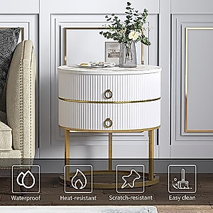 O&K FURNITURE Marble End Table with Storage, Round Nightstand with Drawer, White and Gold Side Table Metal Legs for Bedroom Living Room, Bedside Table Furniture, Marbling Natural Stone