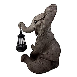Ebros Safari Savanna Wildlife Animal Melee Adorable Pachy Elephant Statue Home Patio Decor Figurine with Solar LED Light Lantern Lamp 13.75"H Guest Greeter Elephants Path Lighter Sculpture
