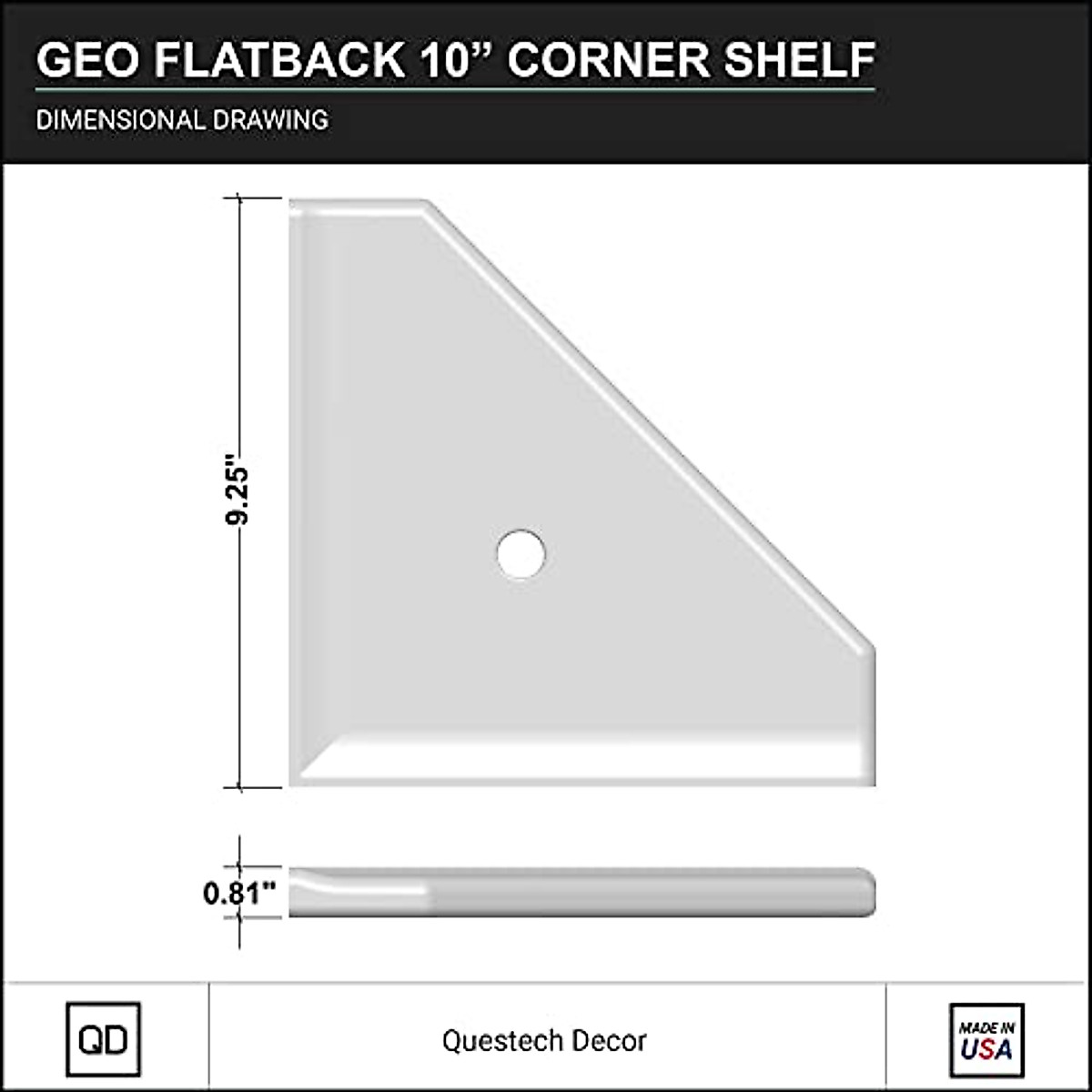 Questech Décor 10 Inch Corner Shower Shelf Bathroom Caddy, Wall Mounted Corner Shower Shelf, Retrofit Shelf For Tiled Shower Walls, Bathroom Corner Shelf, 10 Inch Geo Flatback, Bright White Polished
