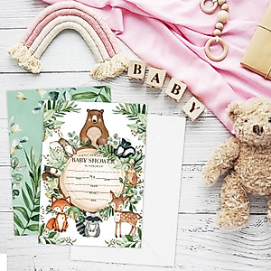 Whaline 25 Sets Woodland Baby Shower Party Invitations with Envelope Stickers Watercolor Forest Animal Greenery Invitation Cards Blank Invites for Baby Shower Birthday Party Supplies, 5 x 7 Inch