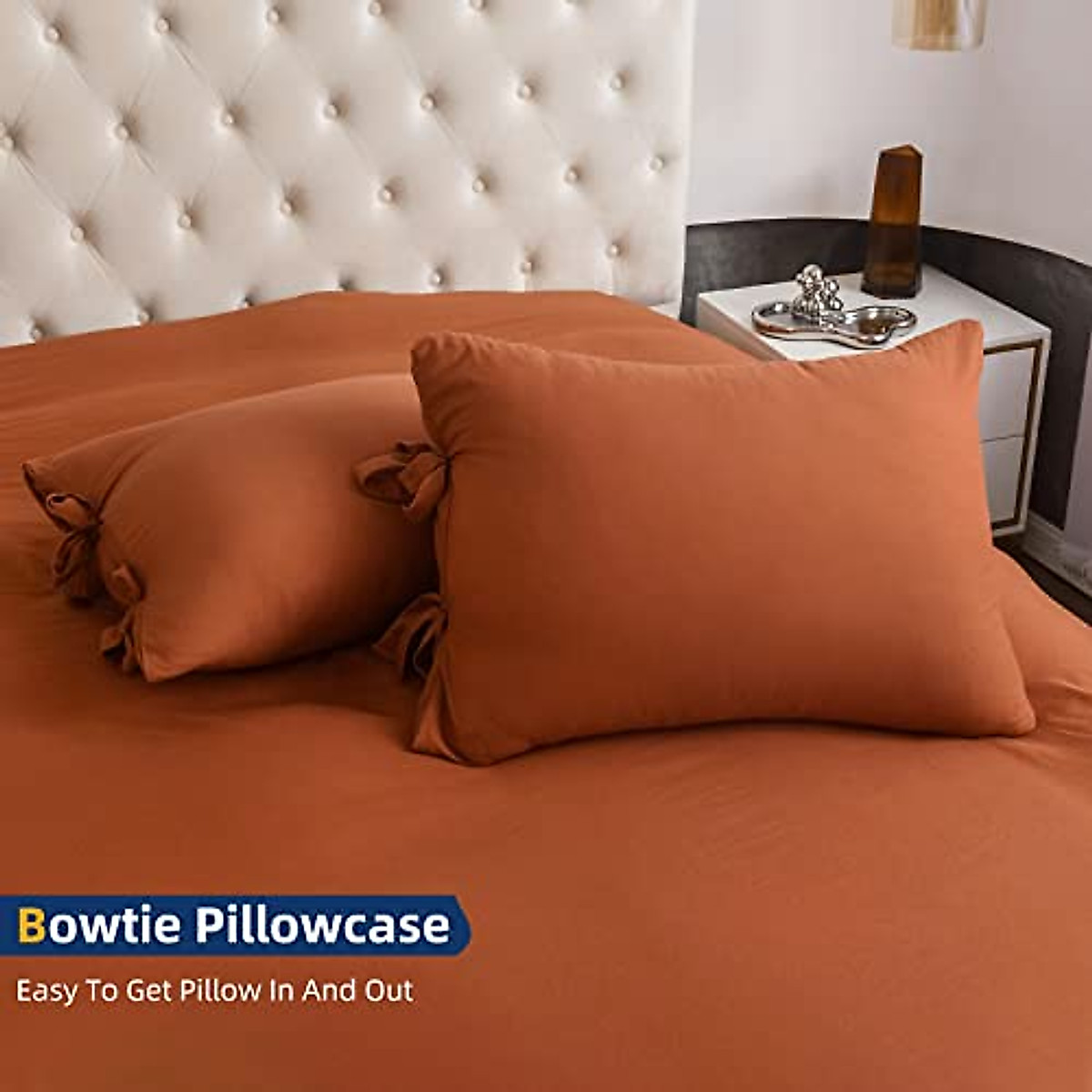 Argstar 3 Pcs Caramel Bowtie Duvet Cover Set California King, Burnt Orange Duvet Cover with Bowknots, 100% Microfiber Soft Rust Comforter Cover with Ties (1 Terracotta Duvet Cover, 2 Pillowcases)