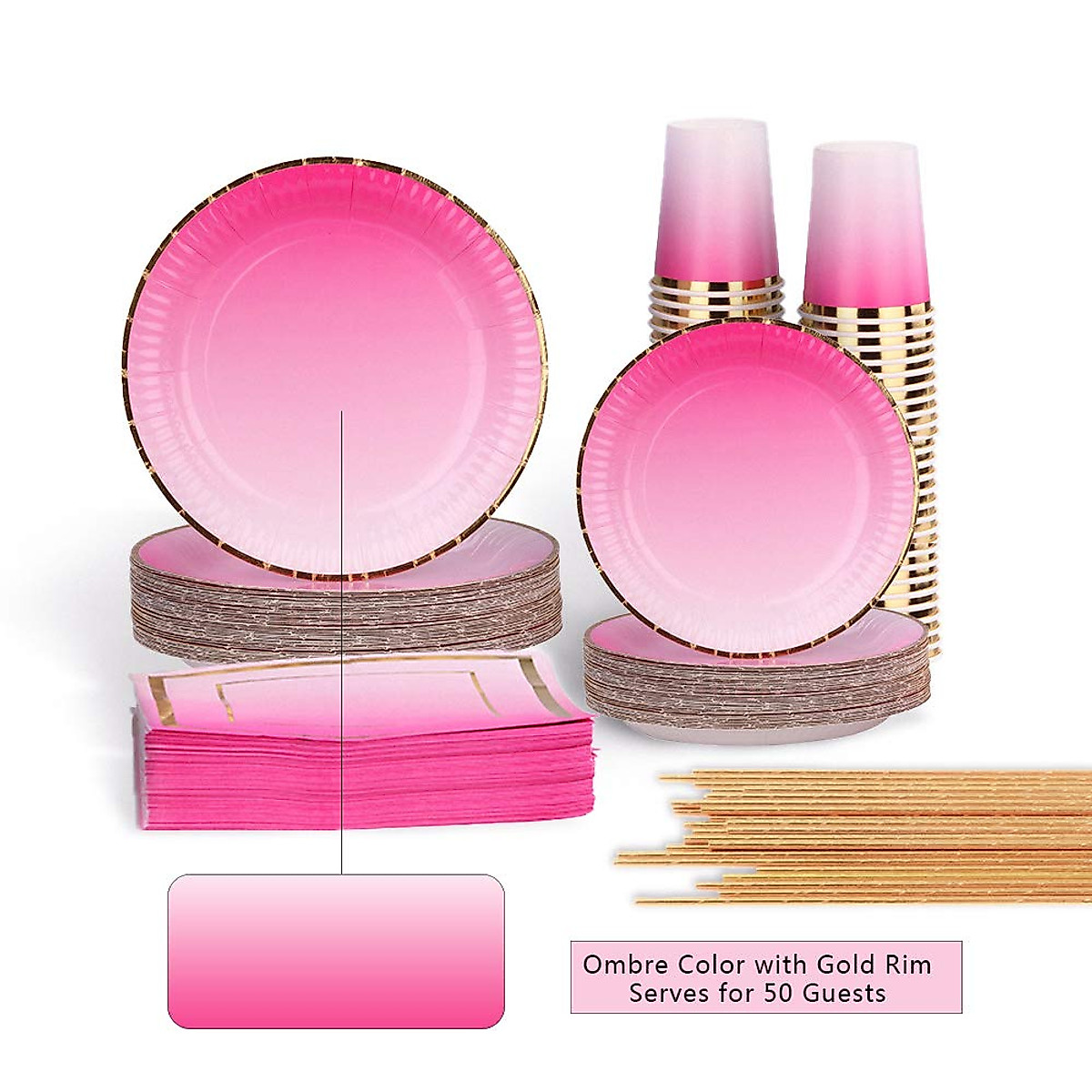 Ottin Ombre Rainbow Hot Pink Party Supplies 50-counts Disposable Paper Plates and Napkins Set for Birthday Wedding Bridal Baby Shower Engagement Mother's Day