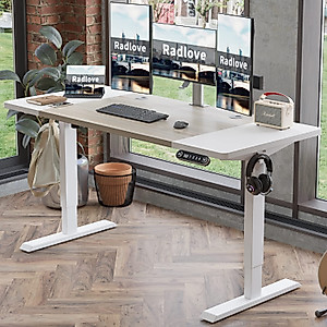 Radlove Electric Height Adjustable Standing Desk, 63x 30 Inches Stand Up Desk Workstation, Splice Board Home Office Computer Standing Table Ergonomic Desk (White+ Oak, 63x30'')