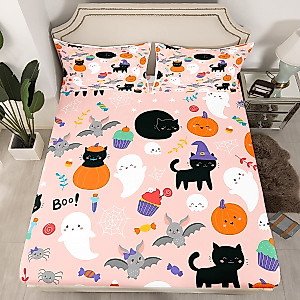 Erosebridal Happy Halloween Bedding Set Full Size Pumpkin Lantern Fitted Sheet, Cobwebs Castle Bed Sheet Set Spooky Cat Bat Bed Cover for Boys Girls Halloween Decor Halloween Decorations