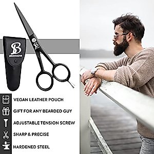 BROSTACHE Beard & Mustache Scissors for Men 5”, 2 comb & Leather Travel Pouch , Hand forged with Bevel edge For precision, Grooming Kit for Men with Extremely Sharp Scissors & Adjustable Screw