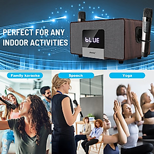 RHM K222 Karaoke Machine with 2 UHF Wireless Microphones & 5 Sound Modes, Support Optical/Bluetooth/AUX/USB/PC, Wooden Home Karaoke Singing Machine for TV, Home, Karaoke, Singing Party, Christmas