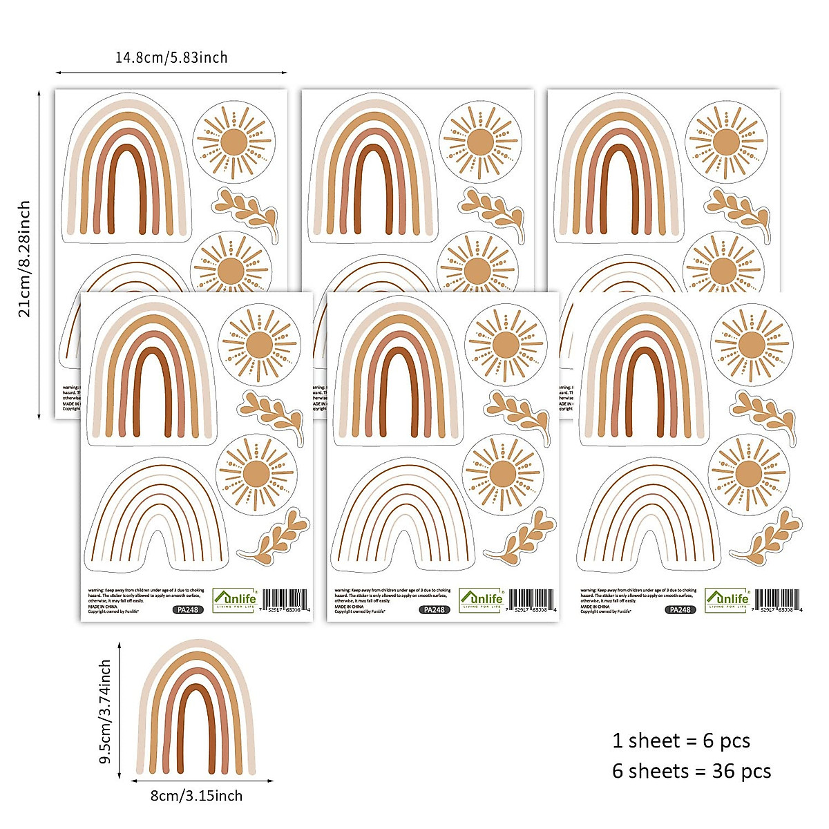 Boho Wall Stickers Girls Bedroom Removable Wall Decals Nursery Kids Room Decor Vinyl Murals DIY Cute Decorations (Rainbow Sun Plant）