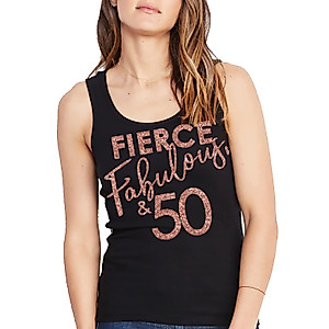 RhinestoneSash Womens Birthday Shirt - Rose Gold Sparkle Fierce Fabulous & 50 Tank Top - 50th Birthday Party Tanks - X-Large - Black