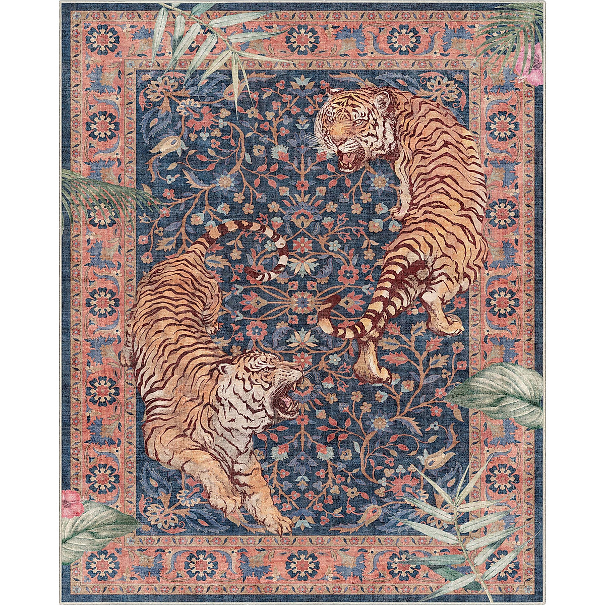 Well Woven Apollo Botanical Tiger Navy Washable Rug – Dining Room & Bedroom, 5'3" x 7'3", Durable