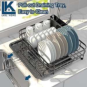 LKKL Dish Drying Rack, Large Capacity Dish Rack for Kitchen Counter, Extendable Dish Rack, Anti-Rust Stainless Steel Dish Drainer with Utensil Holder Cups Holder, Black