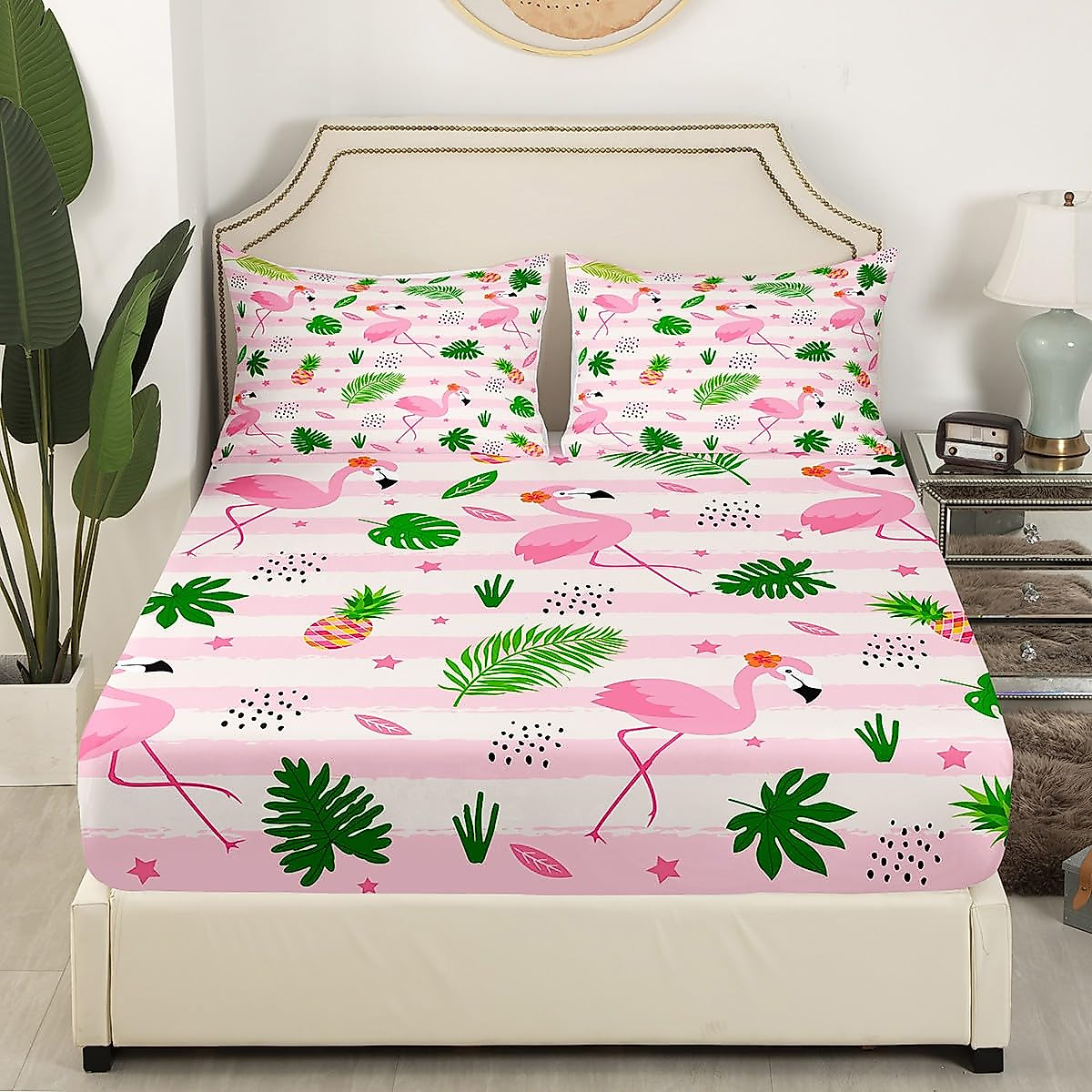 Feelyou Pink Flamingo Bed Sheet Set Full Size, Tropical Flamingo Fitted Sheet Flamingo Bedding Set Plam Leaves Bed Cover with 2 Pillow Case (No Flat Sheet)