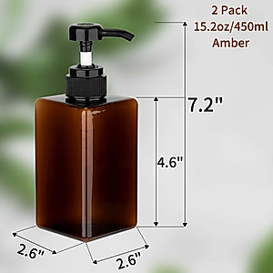 2 Pack 450ml/15.2oz Square Pump Bottle Dispenser Dulinkas Refillable Plastic Lotion Dispenser Empty Lotion Pump Bottle Liquid Container for Essential Oil Soap Lotion Shampoo Amber