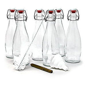 Nevlers Set of 6 | 17 oz Glass Bottle Set with Airtight Swing Top Stoppers | Home Brewing Bottles for Kombucha, Beer, Water Kefir, Limoncello | Includes Bottle Brush, Funnel and Gold Glass Marker