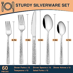 Hammered Silverware Set, 60 Pieces Stainless Steel Square Flatware Set for 12, Mirror Polished Tableware Cutlery Set for Home Kitchen Restaurant, Kitchen Utensils Set, Modern Design, Dishwasher Safe