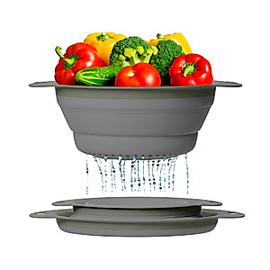 Ultimate Kitchen Strainers Set of 2 - Collapsible Silicone Colanders For Easy Storage by Comfify - Use with Pasta & Veggies or as a Fruit or Berry Bowl with Strainer - Irreplaceable for Campers - Gray