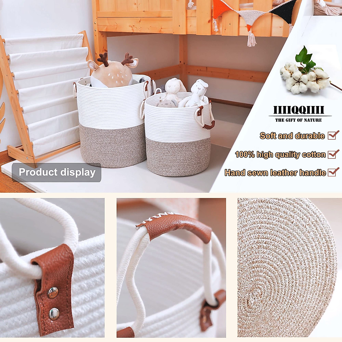 WSNYY Cotton Rope Basket, Storage Basket, Woven Laundry Hamper, Toy Storage Bin, Nursery Storage Basket, Baby Bin Organizer, White & Brown, 13.7x15.7 Inches