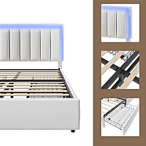 Catrimown Full Size Bed Frame with LED Lights and 4 Storage Drawers, Upholstered Platform Bed with Faux Leather Headboard, Strong Wooden Slats Support, No Box Spring Needed, Easy Assembly, White