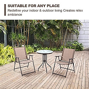 VredHom 3 Piece Patio Bistro Set,Outdoor Conversation Set Outdoor Patio Furniture Set Round Glass Top Table with 2 Folding Chairs for Balcony,Porch,Deck(Beige)