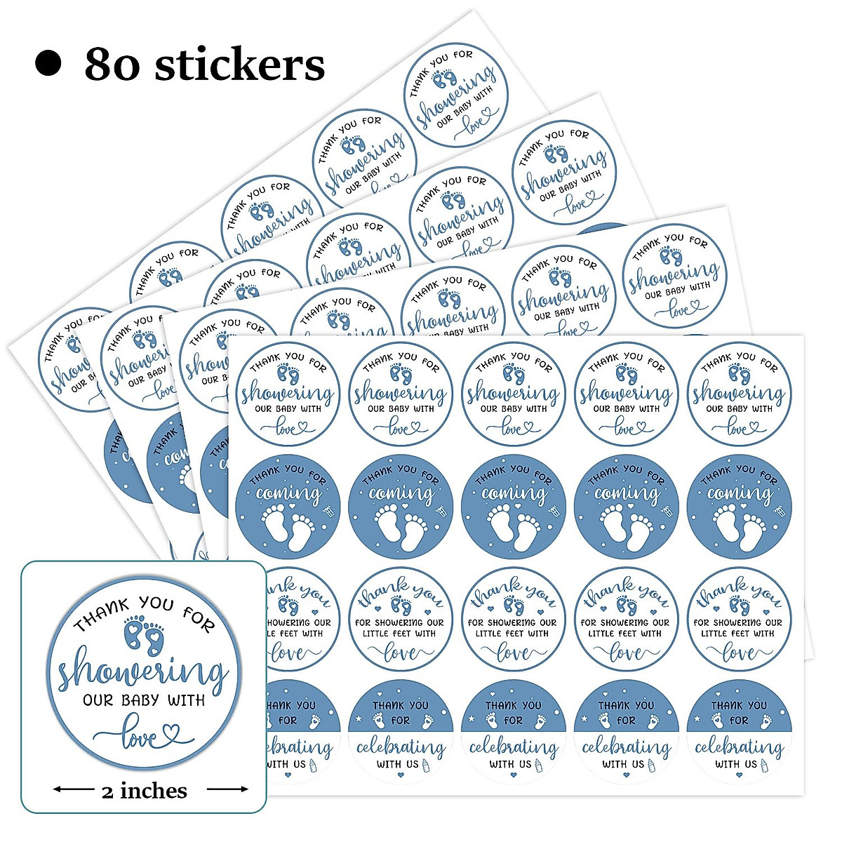 Cgvovgr 80 Pcs Blue Footprint Baby Shower Thank You Stickers - Gender Reveal Stickers Cute Boy Baby Shower Favor Labels with Footprint Design Baby Gift Wrap