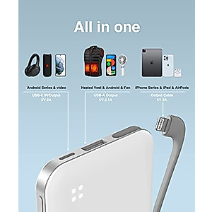 4500mAh Built in Cable Cell Phone External Battery Pack, Portable Phone Charger Power Bank 5V 2.1A Charging Mobile Phone Charger USB-C in/Out Compatible with iPhone 11/12/13, Heated Vest, White