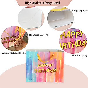 AMROSE 13'' Large Birthday Gift Bags with Card and Tissue Paper, Recyclable Paper Gift Bag for Birthdays and More, Macaron