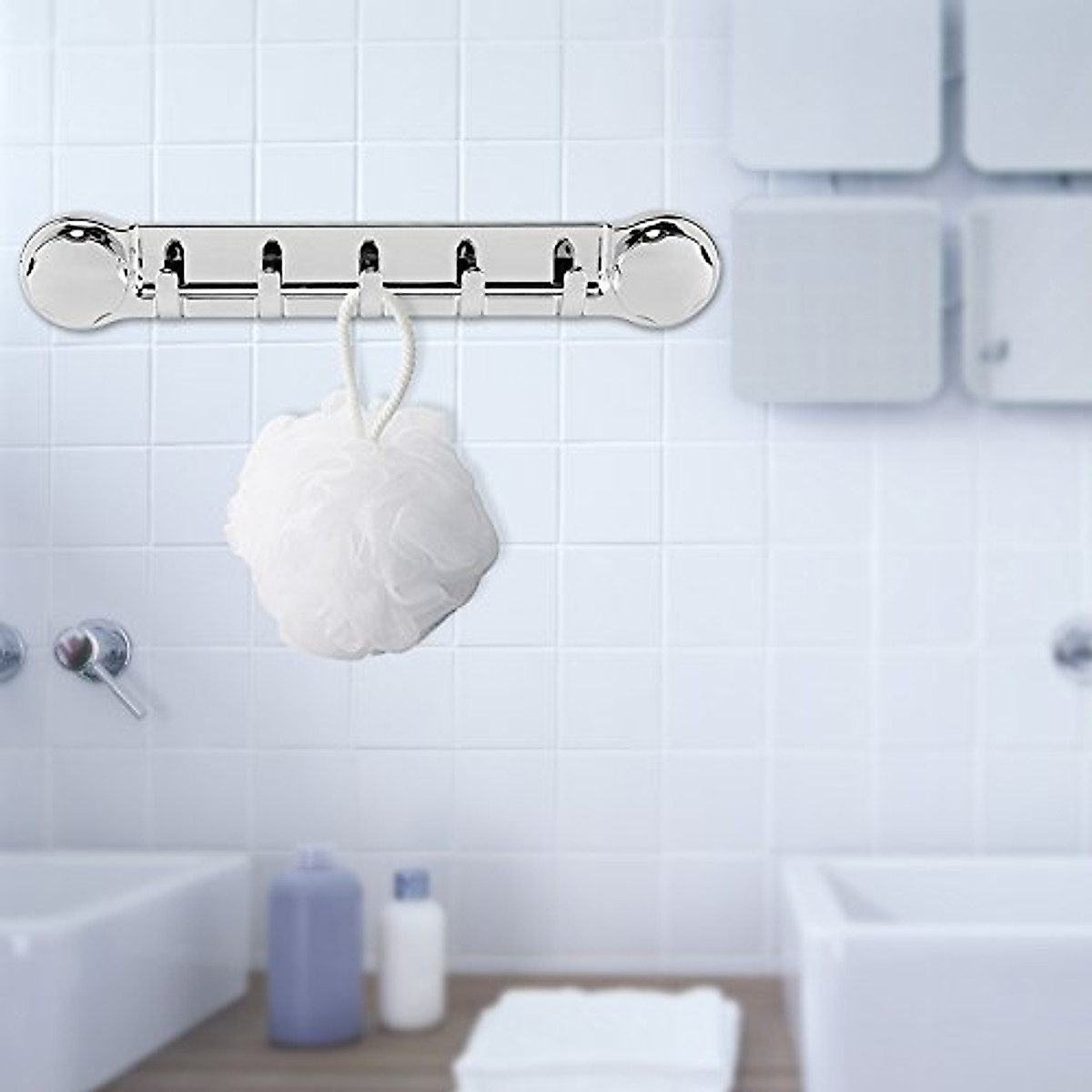 Fdit Powerful Vacuum Suction Cup Towel Holder Wall Mount Coat Bath Towel Hook Hanger Rail Bar with 5 Hooks for Towels Robes Clothing