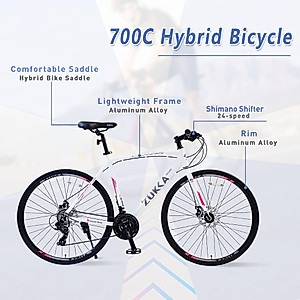 MEGHNA Road Bike 700C Wheels 3 x 8/24 Speed Dual Disc Brake Road Bike Flat Handlebar Hybrid Bike Commuter Bike for Women Men Junior Senior
